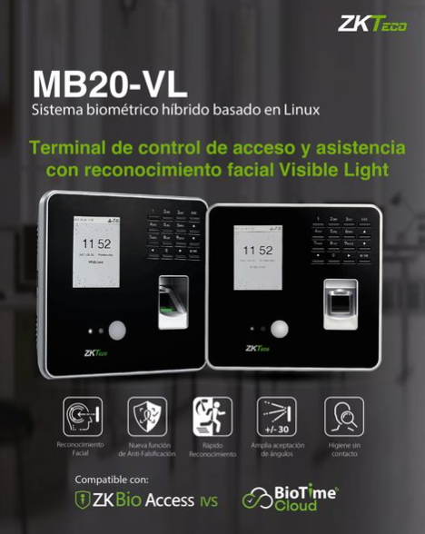 Control biométrico facial light y huellas ZKTECO MB20VL | TECNOVO SOLUCIONES INTEGRALES